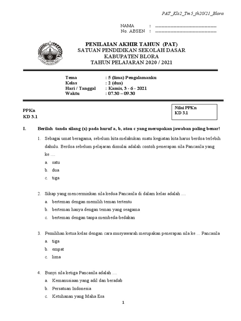 Naskah Soal Pat Kelas 2 Tema 5 TH 20-21 Jadi | PDF