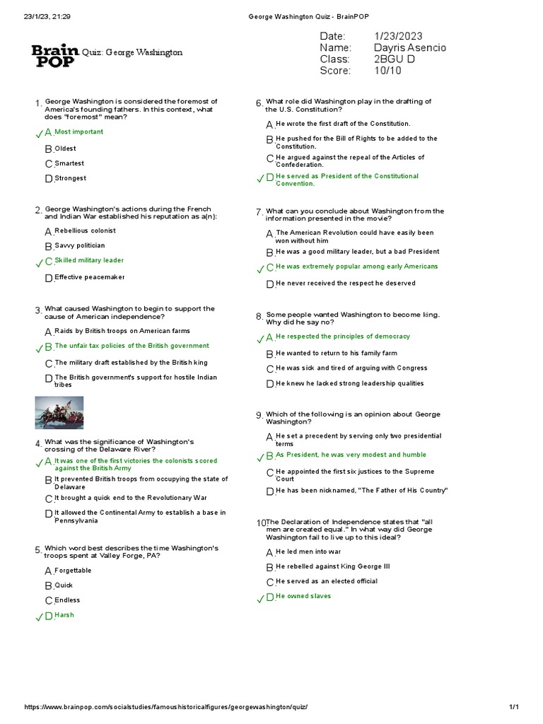 George Washington Quiz - BrainPOP | PDF | George Washington ...