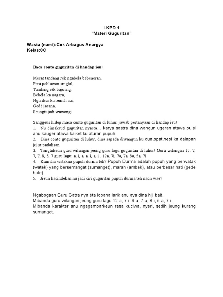 Cok Arbagus Anargya - LKPD 1 - Materi Guguritan | PDF
