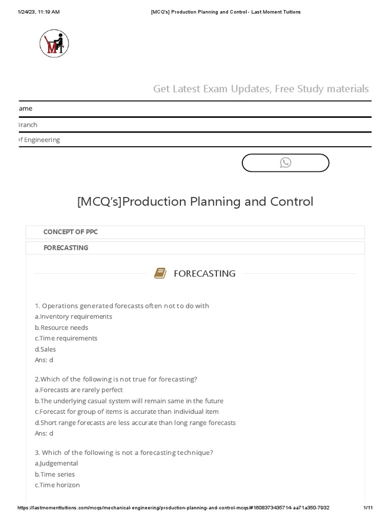 Mcqs Production Planning And Control 2 Last Moment Tuitions Pdf Forecasting Supply Chain 