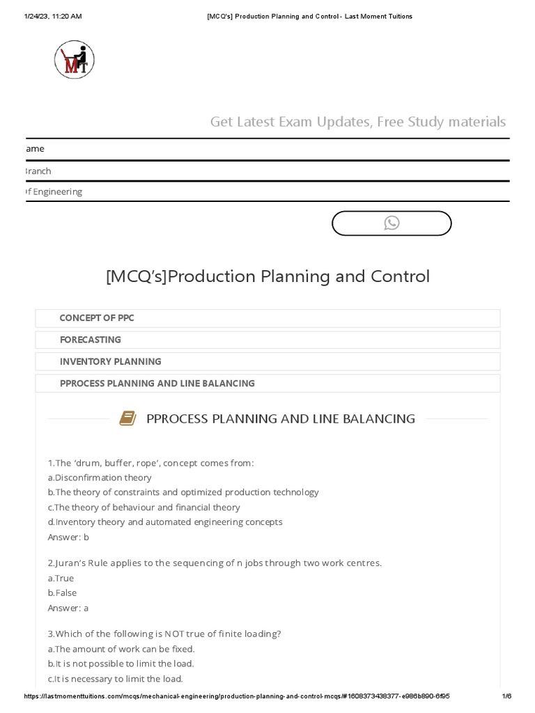 (MCQ'S) Production Planning and Control 4 - Last Moment Tuitions | PDF ...