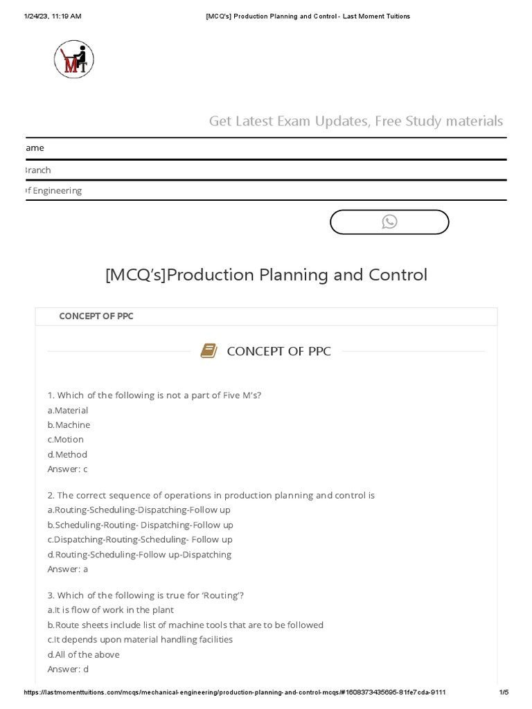 (MCQ'S) Production Planning and Control | PDF | Systems Science | Business Process