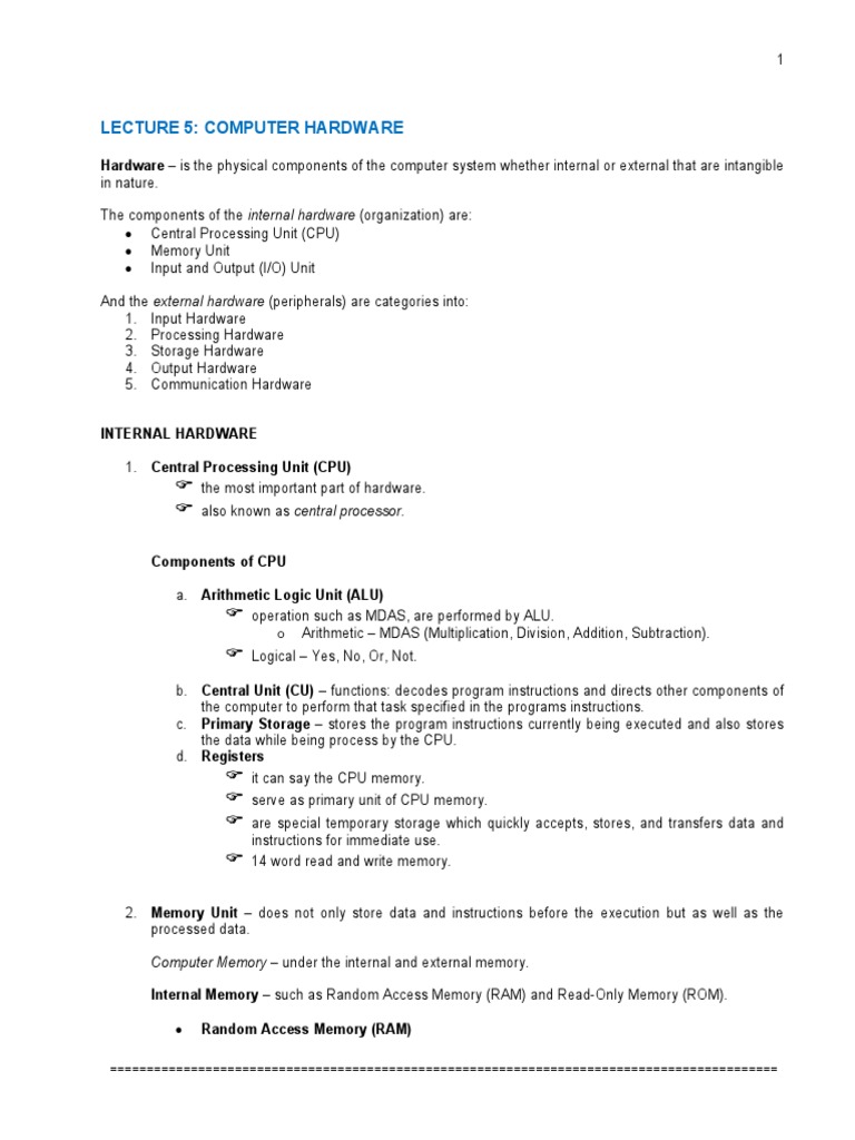 Lecture 5 - Hardware | Download Free PDF | Computer Data Storage | Computer Memory