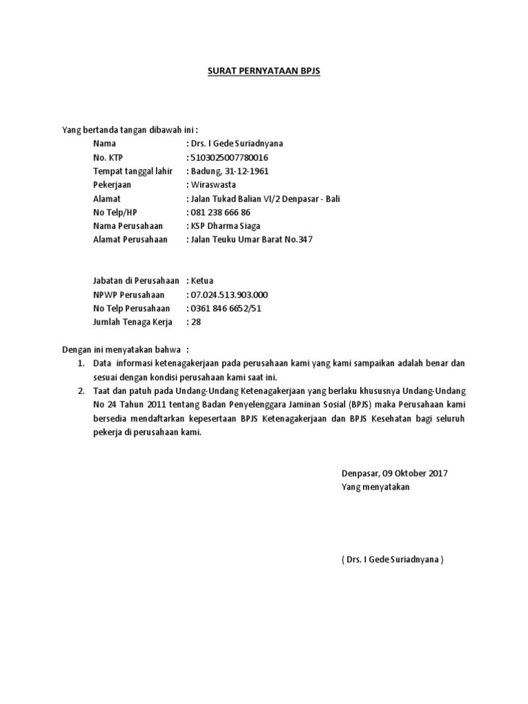 Surat Pernyataan Bpjs | PDF