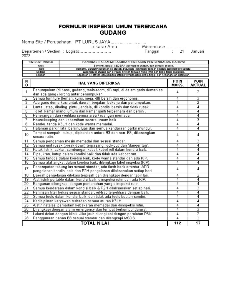Formulir Inspeksi Area Kerja 1 (Muda, Opt) - 1 | PDF