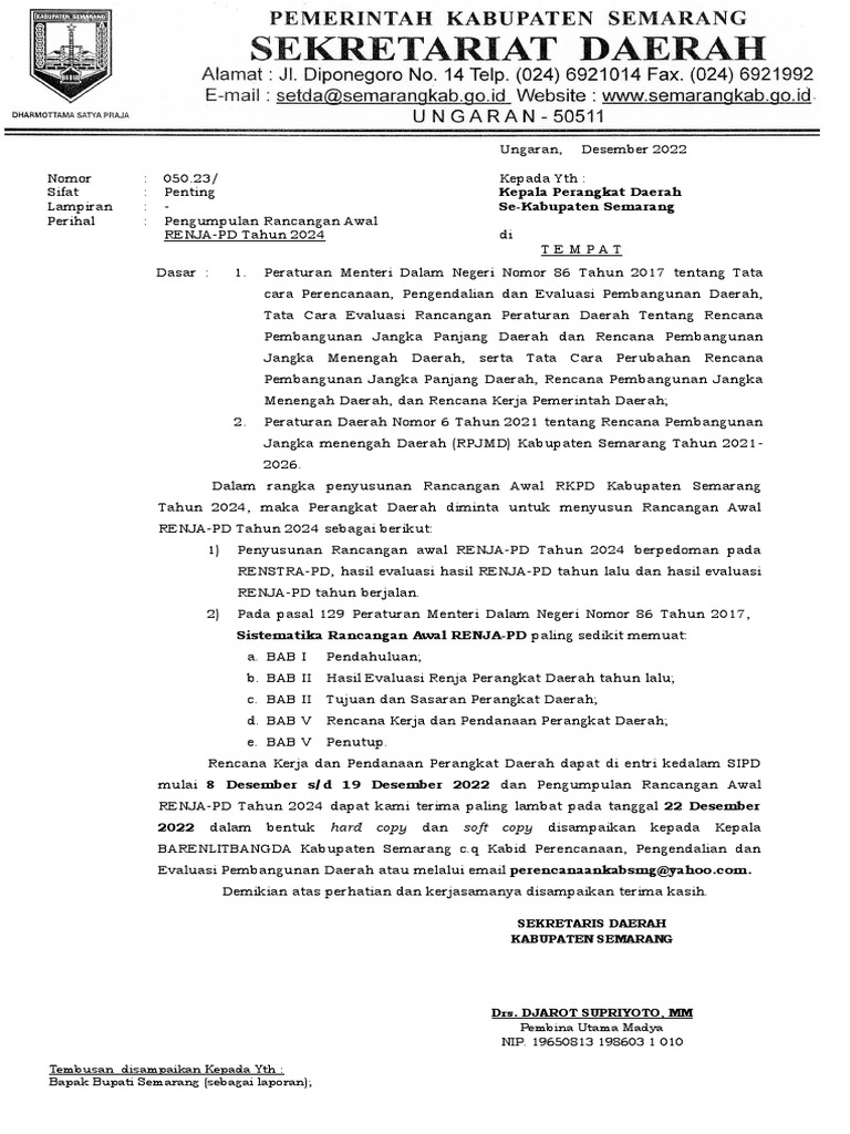 Edaran Pengumpulan Ranwal Renja PD 2024 - 051222 | PDF