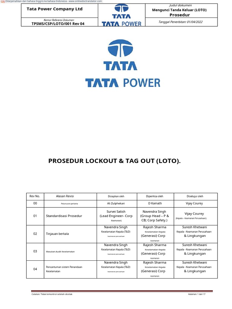 01 - Tata Power LOTO Procedure - En.id | PDF