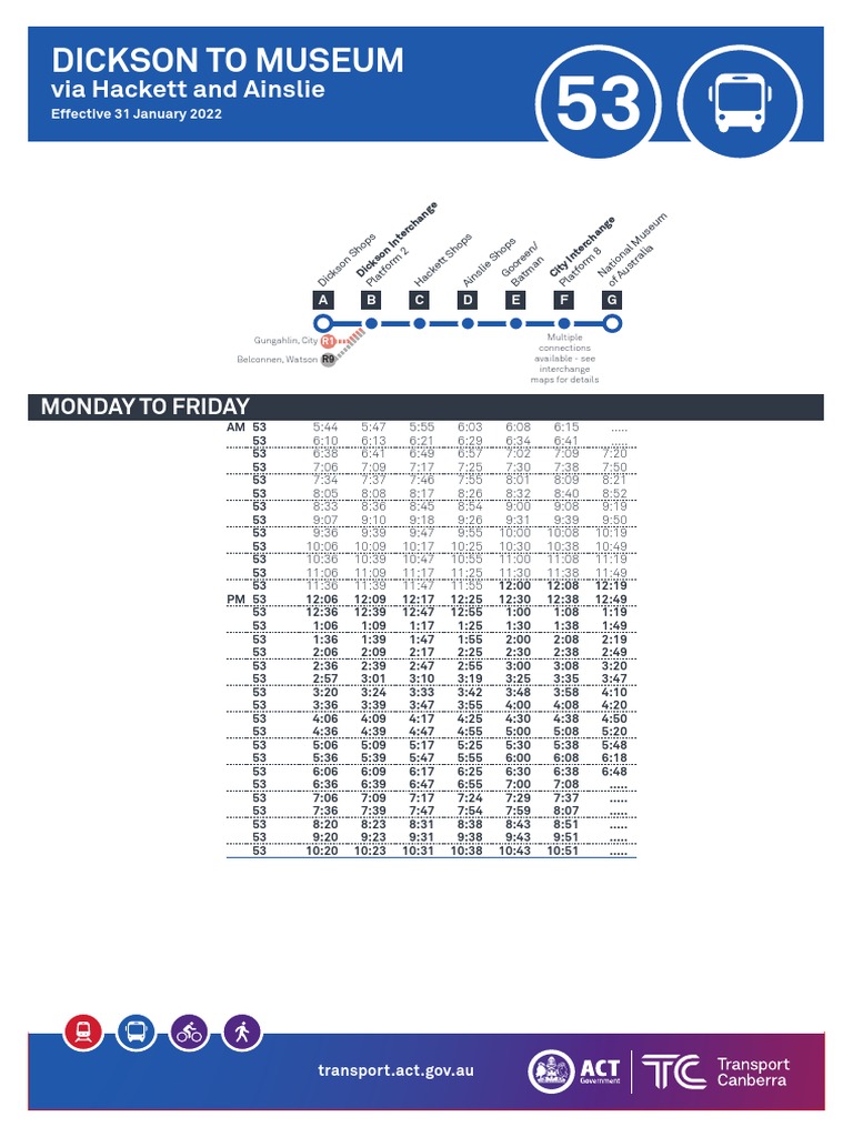 Bus Route 53 Schedule: Dickson to Museum via Hackett and Ainslie ...