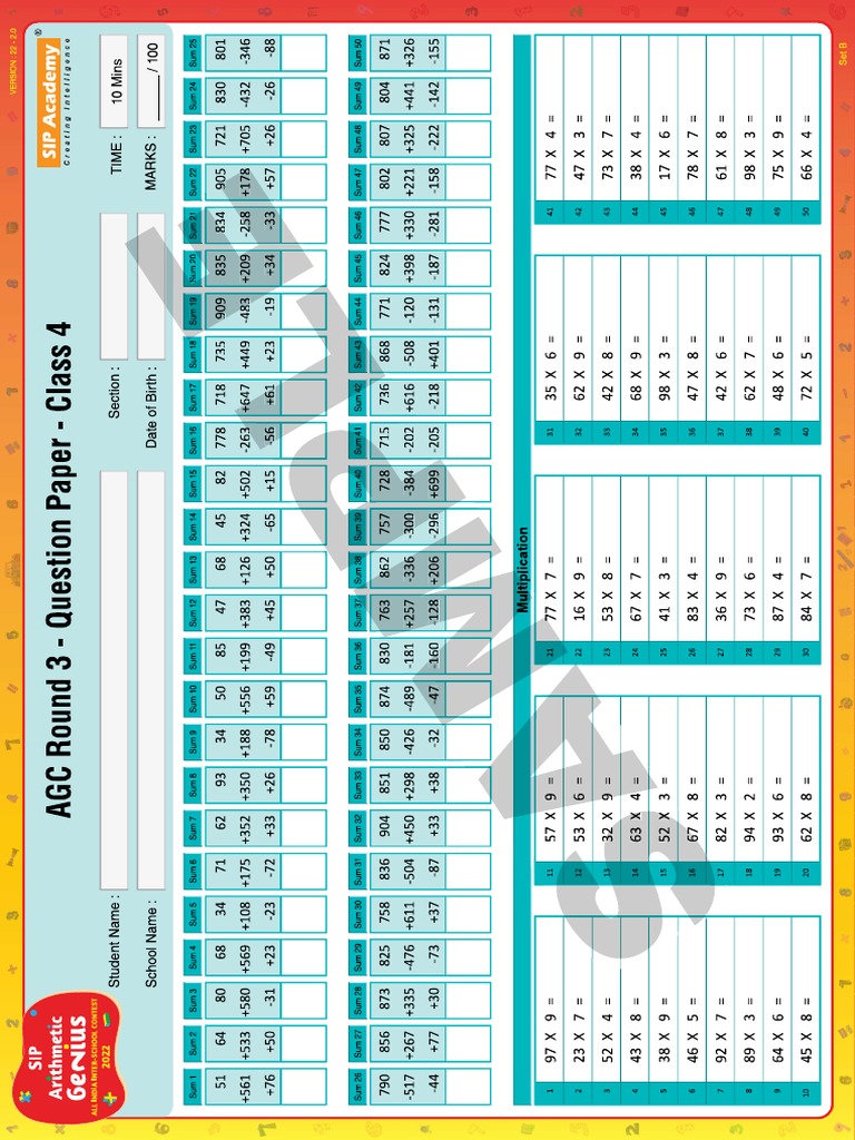 Sip Agc 2022 Round 3 Sample Papers Arithmetic Genius Contest 4 | PDF