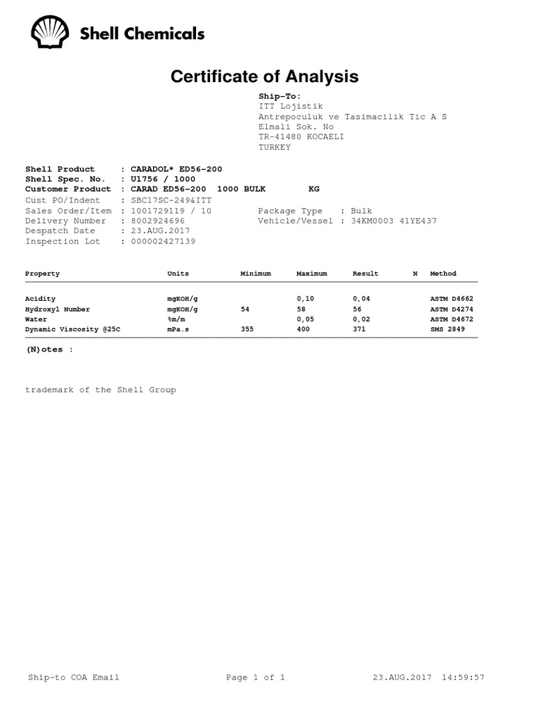 Analysis of CARADOL ED56-200 Showing Compliance with Specifications for ...
