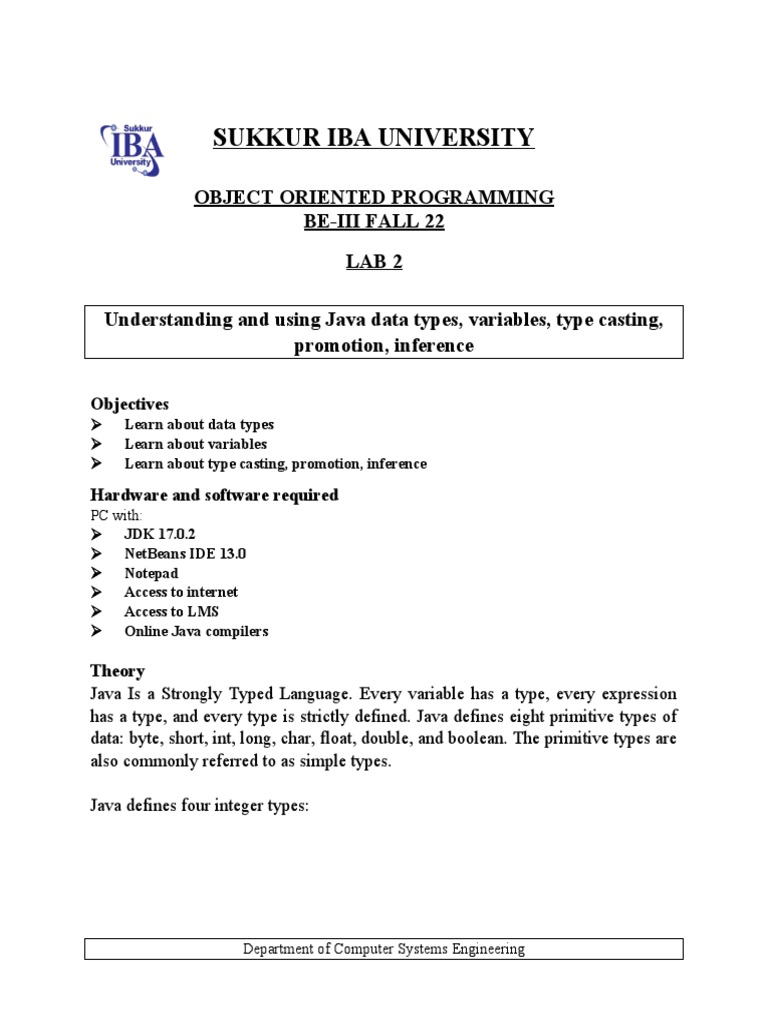Sukkur IBA University OOP Lab 2 Data Types Variables Casting | PDF ... Sukkur IBA University OOP Lab 2 Data Types Variables Casting | PDF ...