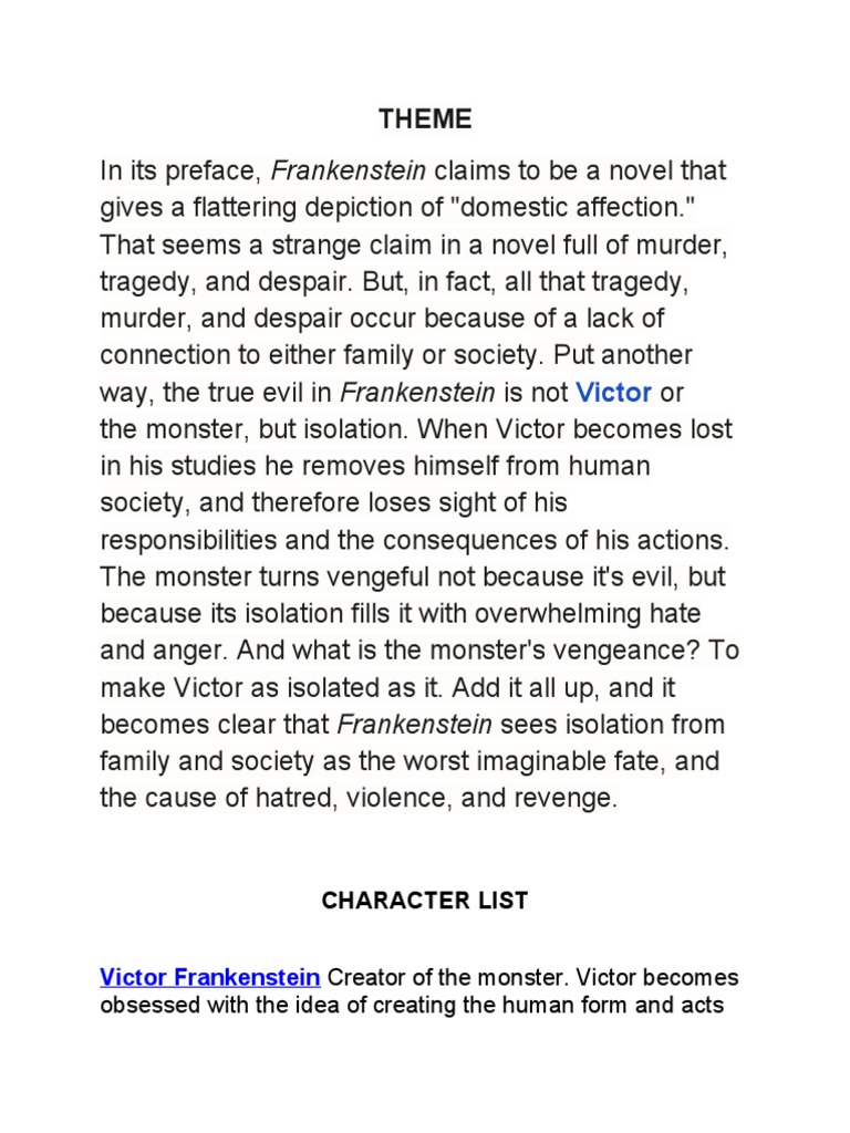 Frankenstein explores the theme of isolation | PDF | Frankenstein