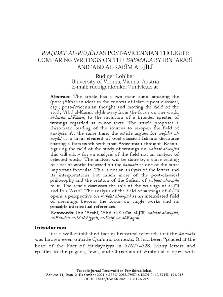 Wahdat Al-Wujud As Post-Avicennian Thought | PDF | Islamic Philosophy ...