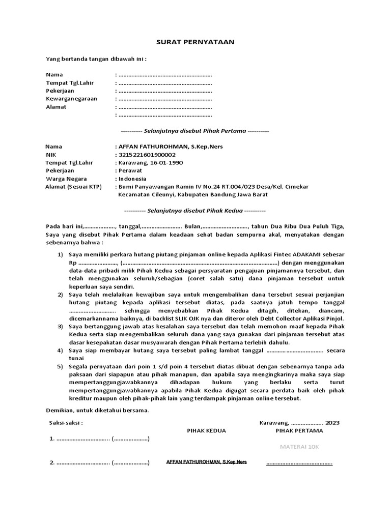 Surat Pernyataan Hutang Pinjaman Online | PDF