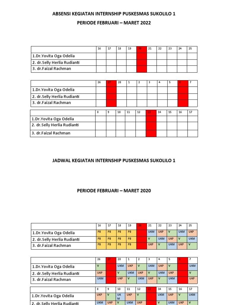 Absensi Kegiatan Dan Jadwal Kegiatan Internship Puskesmas Sukolilo 1 | PDF