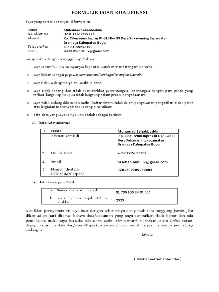 Formulir Isian Kualifikasi Pdf