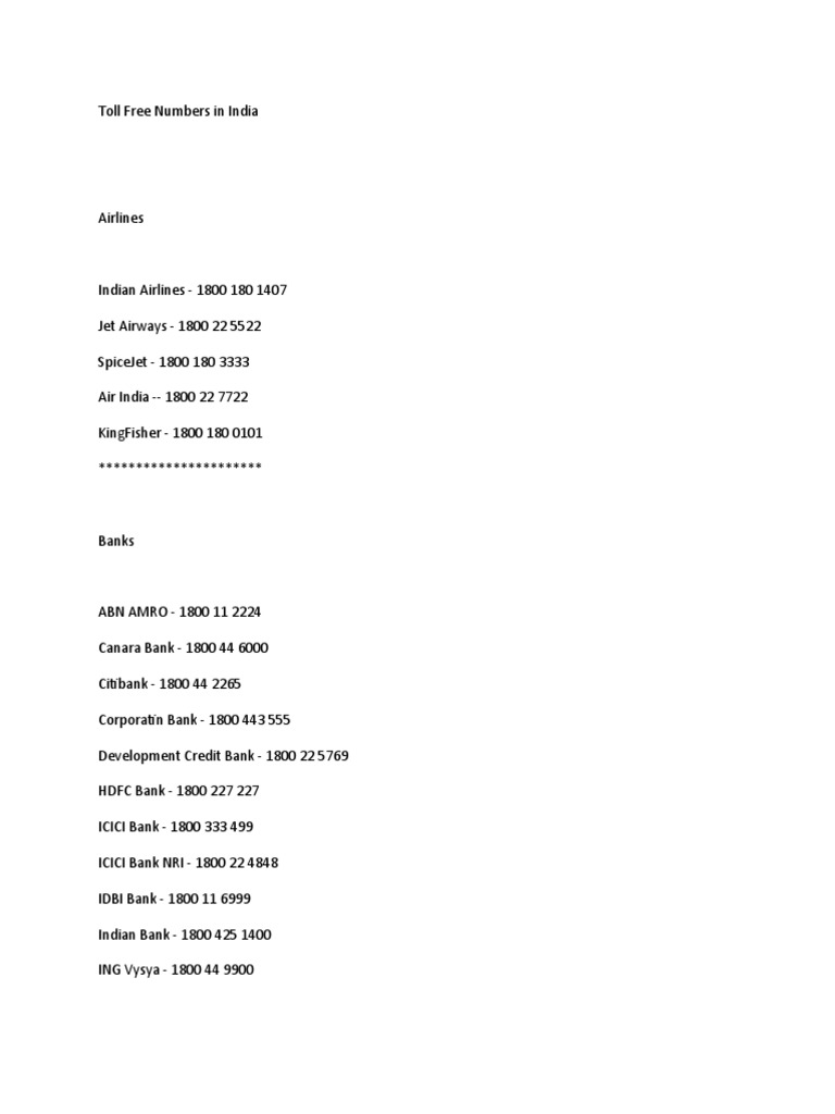Toll Free Numbers in India | PDF