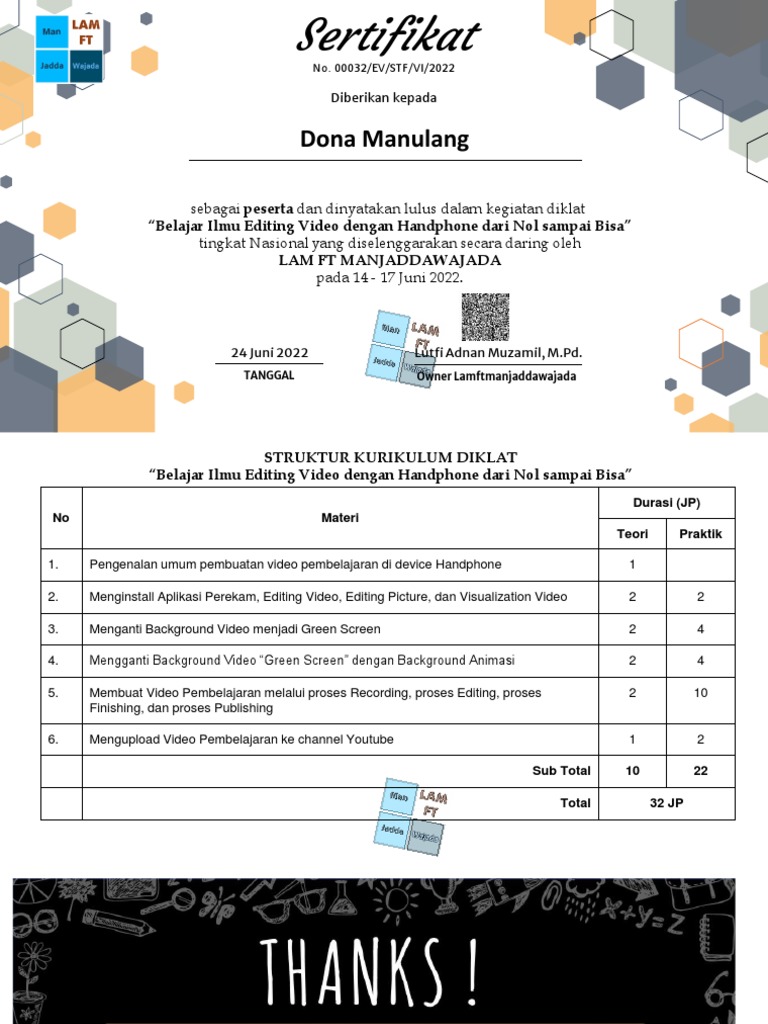 Sertifikat Diklat Editing Video 32 JP | PDF