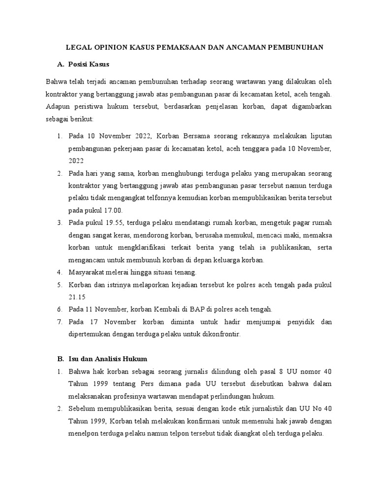 Legal Opinion Kasus Pemaksaan Dan Ancaman Pembunuhan | PDF
