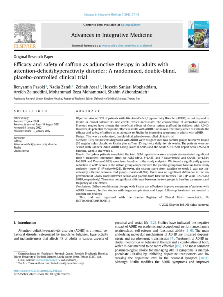 Pazoki Et Al. 2022 - Efficacy and Safety of Saffron As Adjunctive ...