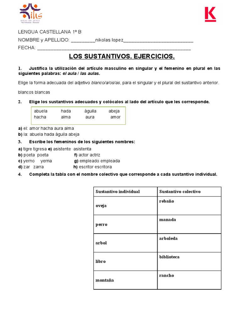 El Sustantivo. Ejercicios para Practicar. 250122 | PDF | Sustantivo ...