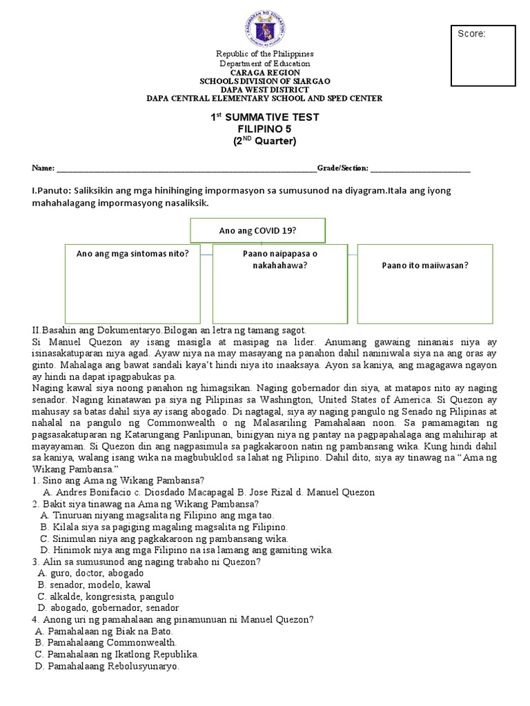 1 Summative Test Filipino 5 (2 Quarter) : Score | PDF