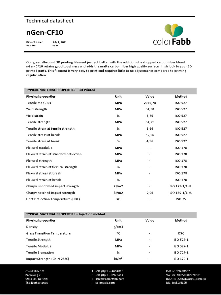 TDS - E ColorFabb nGen-CF10 - 1 | PDF | Strength Of Materials | Ultimate Tensile Strength