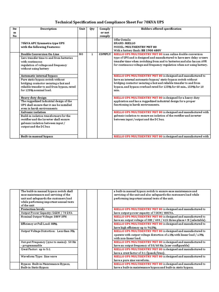 OCC Compliance Sheet For 70, 80 and 100KVA UPS-AAA | Download Free PDF ...