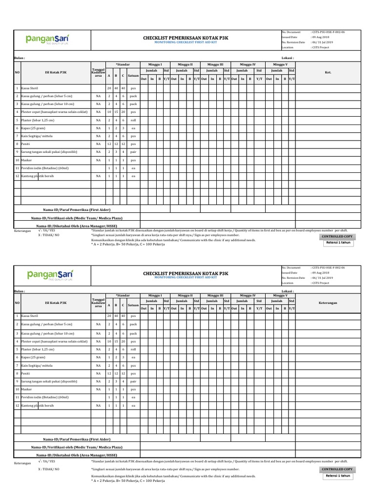 CSTS-PSU-HSE-F-002-06 Checklist Pemeriksaan Kotak P3K | PDF
