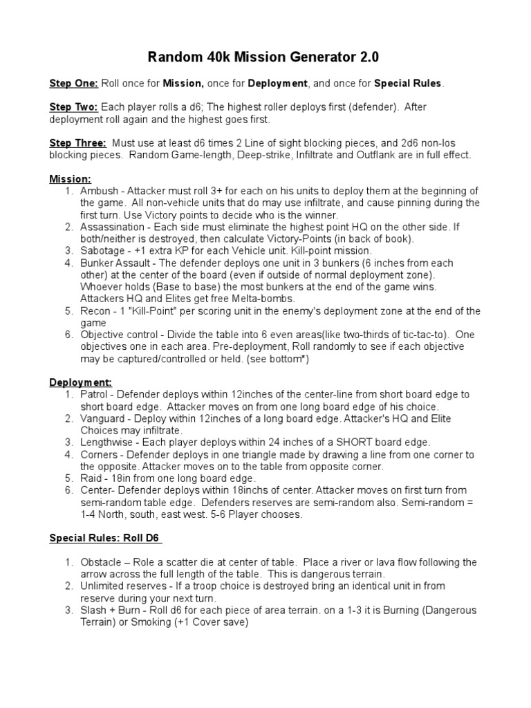 40k Random Mission Generator 2.0 | PDF | Conflicts | Warfare