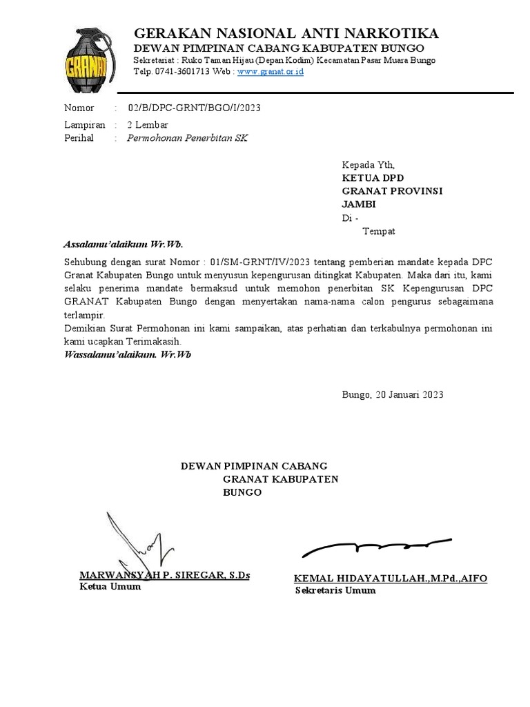 Surat Permohonan Penerbitan SK Granat | PDF
