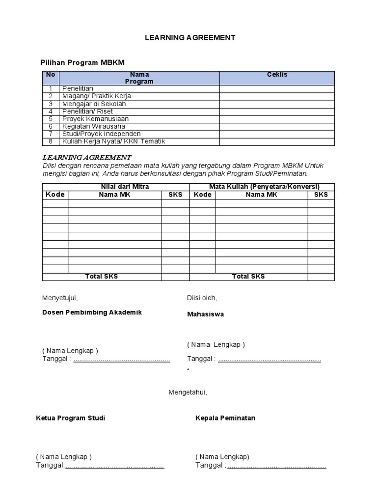 Learning Agreement Magang Mandiri | PDF
