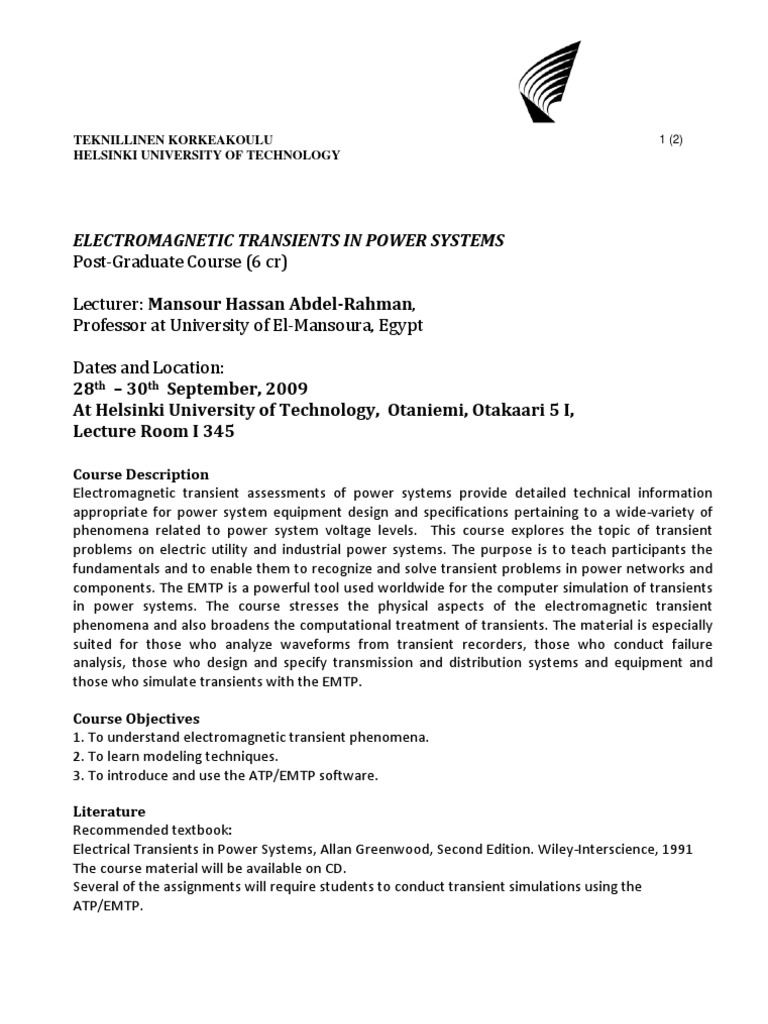 TKK Electromagnetic Transients in Power Systems | PDF