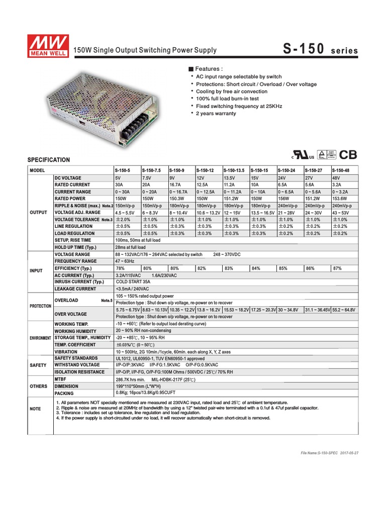 S 150 Spec | PDF | Power Supply | Rectifier