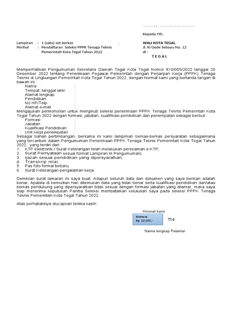 Contoh Surat Lamaran PPPK Tenaga Teknis | PDF