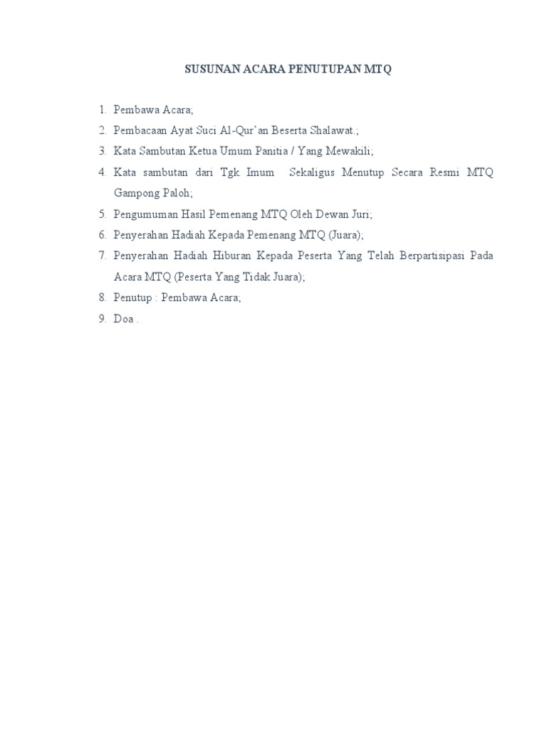 Susunan Acara Penutupan MTQ | PDF