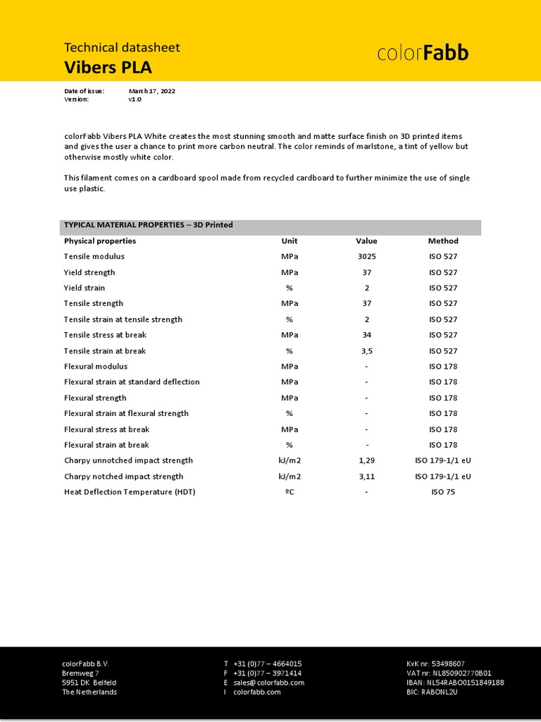 Technical Datasheet for Vibers PLA 3D Printing Filament: Material Properties, Specifications ...