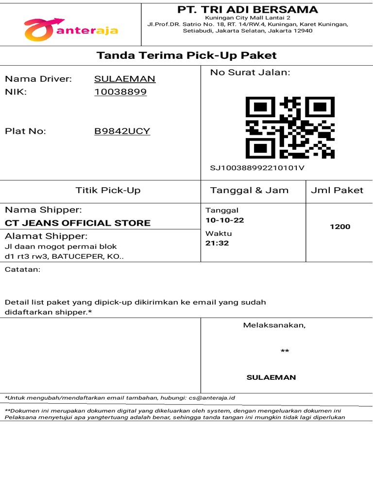 Tanda Terima Pick-Up Paket Anteraja | PDF