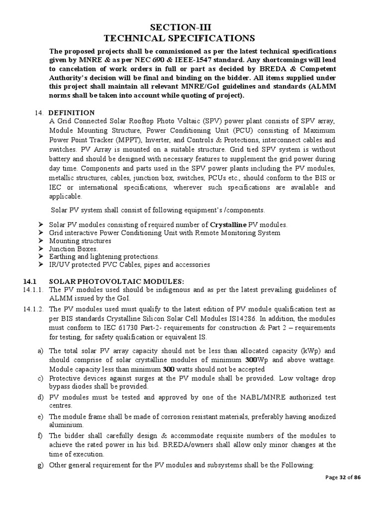 Technical Specification | PDF | Photovoltaic System | Power Inverter