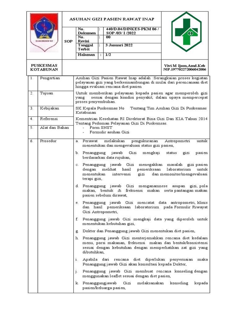 Sop Asuhan Gizi Pasien Rawat Inap | PDF