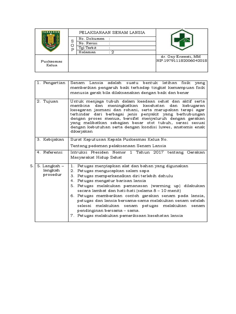 Sop Senam Lansia 2023 | PDF | Pengembangan Diri | Kesehatan Holistik
