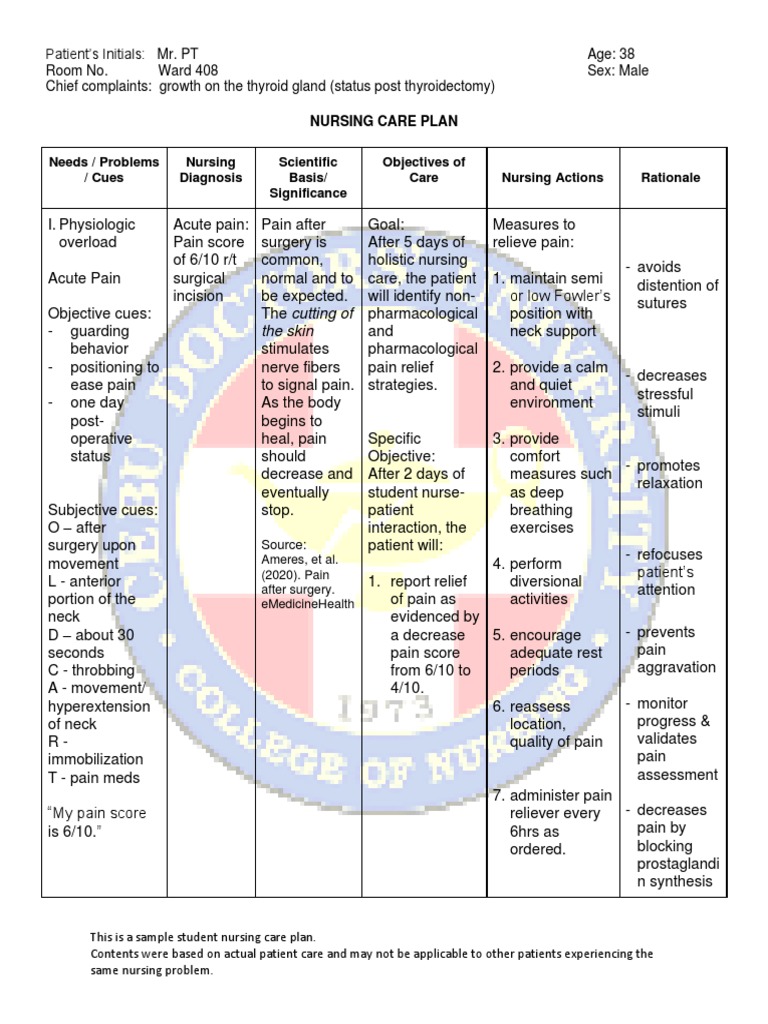 Sample Nursing Care Plan | Download Free PDF | Pain | Surgery