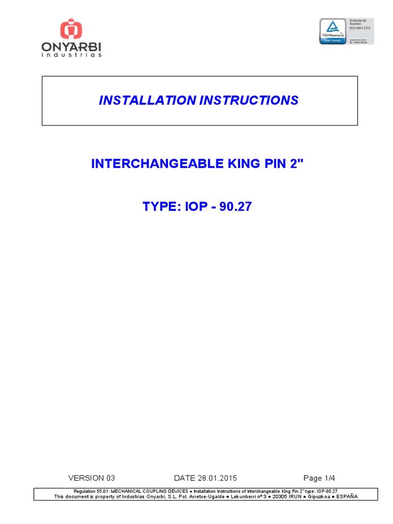 Mounting Instructions For Interchangeable King Pin 2 Inches Type Iop 90 ...