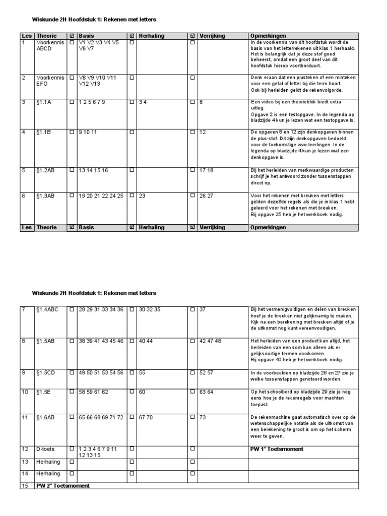 2H Studiewijzer H1 Rekenen Met Letters | PDF