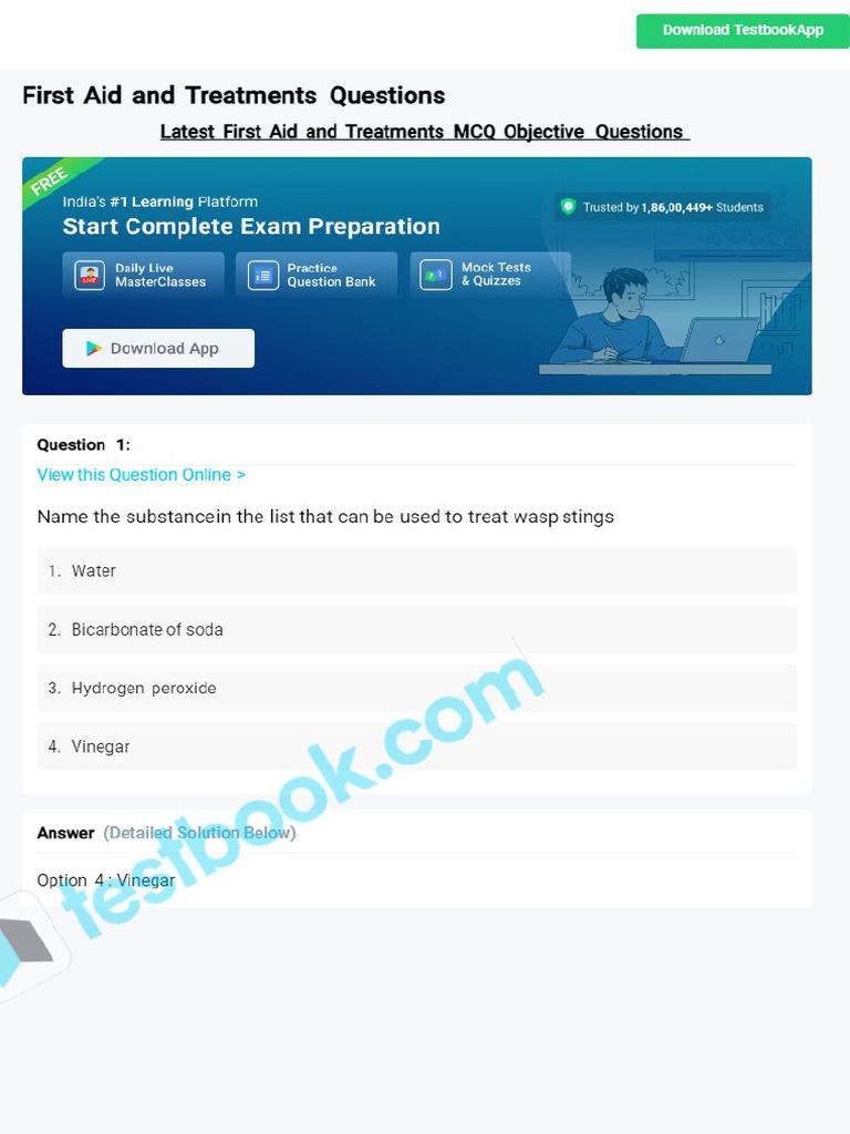 MCQ On First Aid and Treatments 61b74fb7295c38e8c0b64030 | PDF