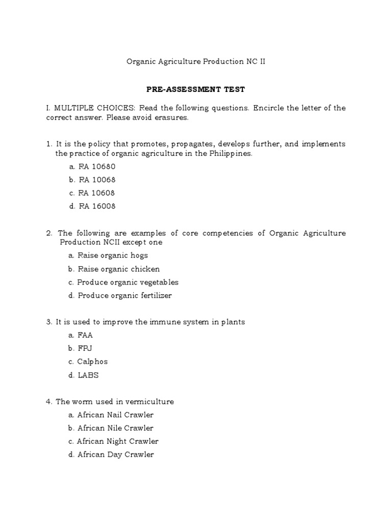 Pre Assessment Test | PDF | Agriculture | Vegetables