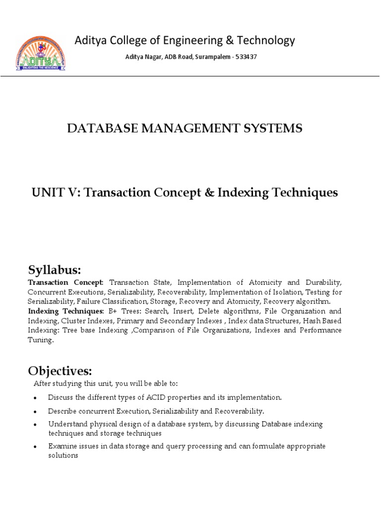 DBMS (R20) Unit - 5 | PDF | Database Index | Database Transaction