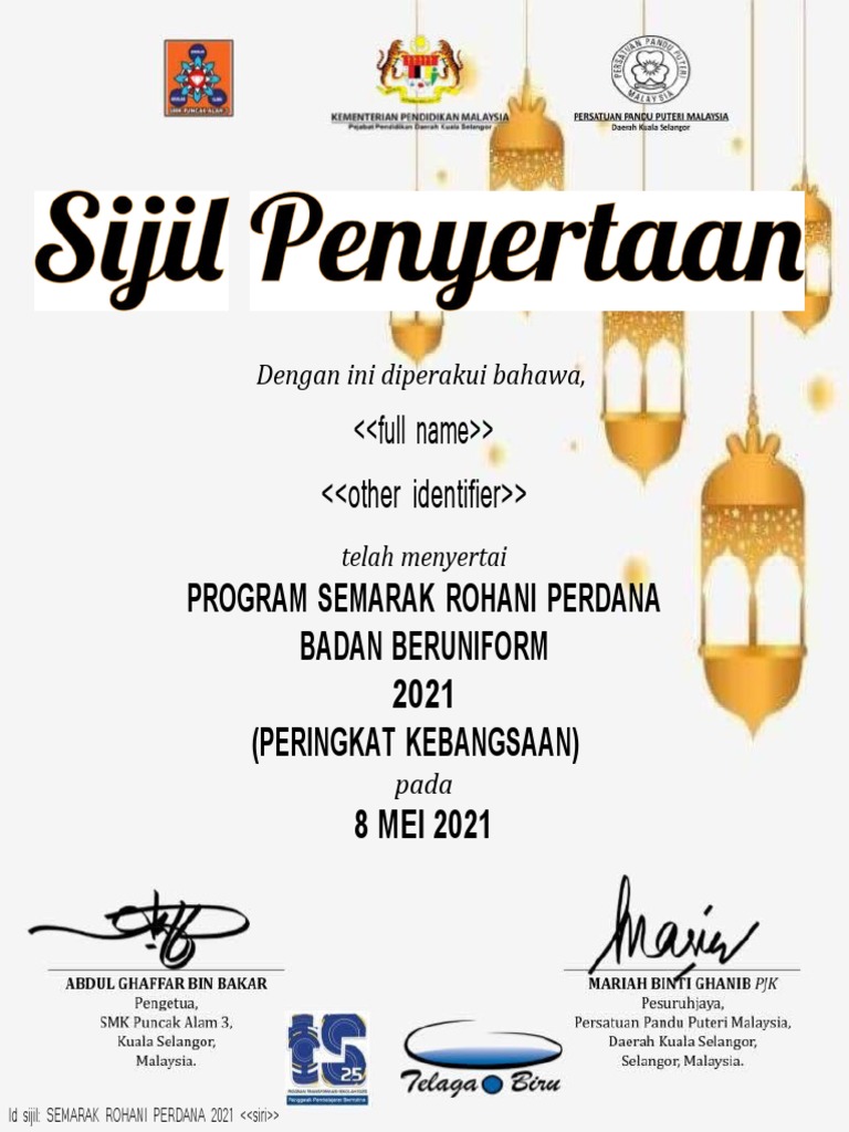 Sijil Penyertaan (BM) Program Semarak Rohani Perdana 2021 | PDF