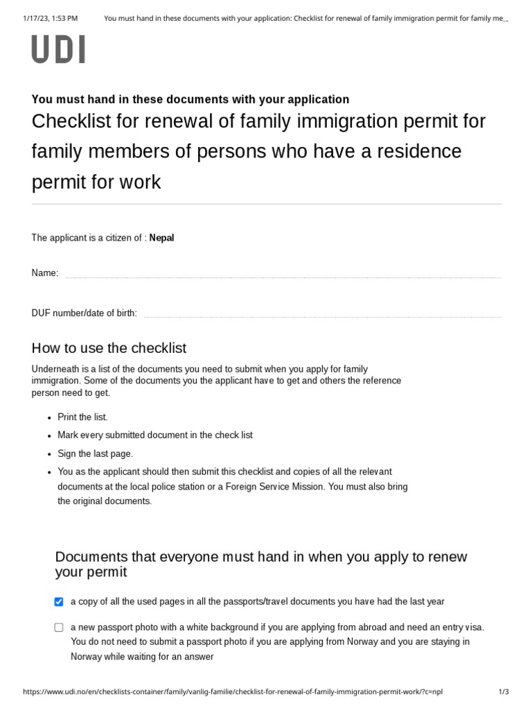 Checklist For Renewal of Family Immigration Permit For Family Members ...