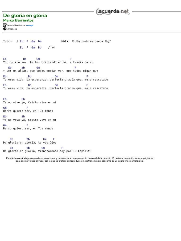 DE GLORIA EN GLORIA, Marco Barrientos - Acordes | PDF